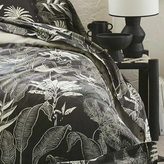 Tradilinge Drap Plat en Satin aux Feuilles Tropicales Coton Gris Anthracite 240x310 cm