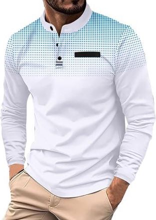 Generic Polo pour homme &agrave; manches longues et col en V en coton - T-shirts basiques &agrave; boutons - Coupe droite, blanc, 3XL