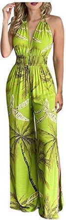 Generic Combinaison dété pour femme - Dos nu - Col en V - Dos nu - Fleurs - Sans manches - Combinaison dété à bretelles - Robe de plage longue et élégante - R