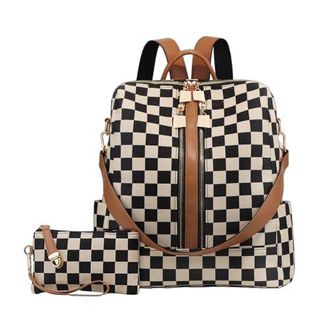 Generic Sac &agrave; dos &agrave; carreaux pour femme, petit sac &agrave; dos de voyage convertible, sac &agrave; bandouli&egrave;re multi-poches, sac &agrave; dos &agrave; carreaux, a-marron, M