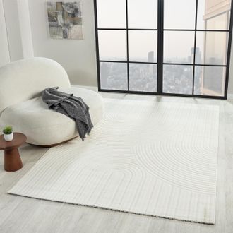 Vimoda Teppich Wohnzimmer Kurzflor Schlafzimmer Wellen Hochtief-Muster/Boho Sakndi, Farbe:Creme, Maße:200x290 cm