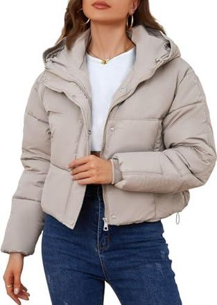 Generic Doudoune courte dhiver matelass&eacute;e &agrave; capuche avec fermeture &eacute;clair pour femme, beige, L