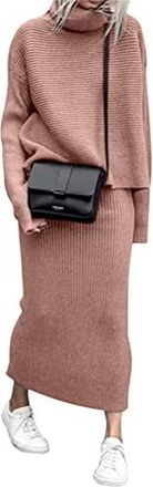 ORANDESIGNE Robe en Tricot Femme Ensemble 2 Pièces Pull Haut et Midi Jupe Tricoté Pull à Col Roulé Robe Tricotée D Rose XL