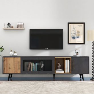 Generic TV-Schrank Dunkles Holz TV-St&auml;nder mit T&uuml;ren Offene Regale Lowboard f&uuml;r 90 Zoll Fernseher TV M&ouml;bel f&uuml;r Wohnzimmer TV Tisch Board Grau