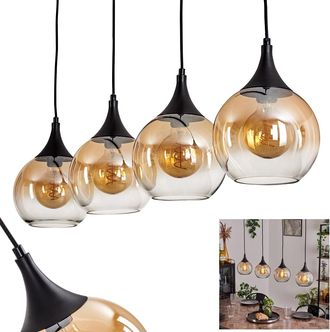 HOFSTEIN Hängeleuchte Azurara, Hängelampe aus Metall/Glas in Schwarz/Bernsteinfarben/Klar, Vintage/Retro Design mit Schirmen aus Glas (Ø 20 cm), Höhe max. 125 