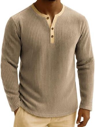 Generic Sweatshirts pour hommes chemises à manches longues pour homme pull boutonné col en V pulls à rayures texturées sweatshirt léger hiver automne sport gy