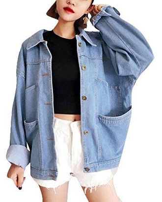 ShiFan Veste en Jean Oversize Femmes Blouson Manches Longues Casual Manteaux Bleu Clair L