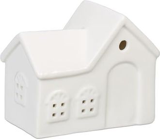 Relaxdays Teelichthaus Keramik, Leuchthäuschen für 1 Teelicht, H x B x T: 9 x 11 x 6 cm, Teelichthalter Haus, weiß