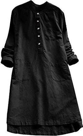 Generic Chemisier &agrave; manches longues en lin pour femme - Chemisier long en lin - Col en V - Chemisier long en mousseline - T-shirt long respirant - Chemise en 