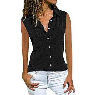 Generic Chemise sans manches pour femme - Chemise boutonn&eacute;e de couleur unie - D&eacute;bardeur confortable - D&eacute;bardeurs d&eacute;contract&eacute;s &agrave; col &agrave; revers avec poches - Che