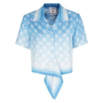 Casablanca Femme, Blouses et Chemises, Bleu, Taille: 36 FR Chemisier en soie court &agrave; monogramme d&eacute;grad&eacute; et