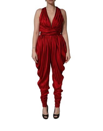 Dolce & Gabbana Womens Red Plunging Halterneck Draped Jumpsuit Dress Viscose