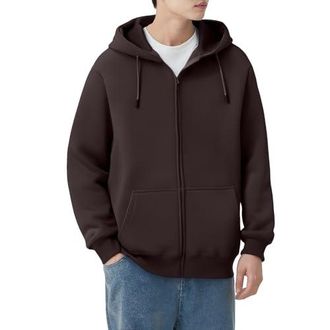 Generic Sweat à capuche doublé en polaire pour homme avec fermeture éclair - Coupe ample - Couleur unie - Sweat à capuche à manches longues avec cordon de ser