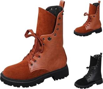 Generic Bottes mi-mollet pour femme - Style r&eacute;tro - Talon bas - Plateforme - Bout rond - Bottes d&eacute;quitation - Cuir PU souple avec lacets - Pour lautomne, lhiv