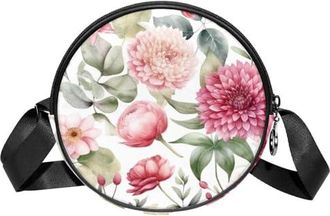 Generic Petit sac &agrave; bandouli&egrave;re circulaire pour femme, motif feuilles florales, sac &agrave; dos avec fermeture &eacute;clair, bretelles r&eacute;glables, sac &agrave; main rond d&eacute;contra