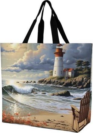 Generic Phare De La Mer, Plage De Sable Sac Courses Pliable Tote Bag L&eacute;ger Sac Fourre-Tout Pour Universit&eacute; Gym Plage