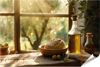 Islandburner Prime XXL Bild Poster Idyllisches Fr&uuml;hst&uuml;ck am l&auml;ndlichen Fenster mit Brot und &Ouml;l f&uuml;r K&uuml;che Genie&szlig;er Caf&eacute; Premium Bilder Fotodruck