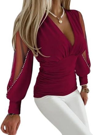 TOMWELL Femme Chemisier Tops Col en V Couleur Unie Chemisier Bouton Décontracté à Manches Longues pour Femmes Lâche Blouse Chemise Elegant Shirt Hauts Tops Au