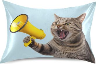 Generic Satin-Kissenbezug mit lustiger schreiender Katze, Standard-King-Size-Bett, weich, dekorativer Tierdruck, S66 x 50 cm, Hellblau