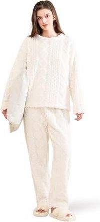 Power Flower Ensemble Pyjama en Polaire Douce pour Femme - Pull et Pantalon Amples en Peluche, Ensemble de Nuit Confortable 2 pièces pour lHiver (L-XL, LY218-White
