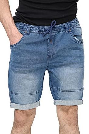 Noroze Short pour Homme en Coton Denim avec Taille élastique avec Cordon de Serrage Multi-Poches Longueur Genou dété Retournable Taille (32, Bleu Jean)