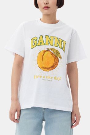 Ganni T-shirt Orange p&ecirc;che Blanc Coton biologique - Taille M - Pour Femme
