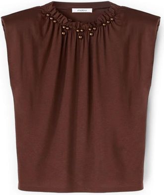 Motivi Femme, Blouses et Chemises, Brun, Taille: 42 FR T-shirt &agrave; Encolure Fronc&eacute;e avec Appliqu&eacute;s