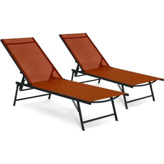 IDMarket Lot de 2 transats de jardin inclinables KAILUA en acier gris anthracite et toile terracotta