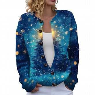 Generic Cardigan de Noël amusant pour femme avec motif sapin de Noël boutonné ouvert sur le devant, Zc-Bleu, XXL