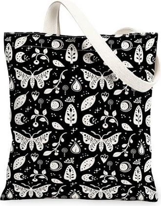 Generic Sacs fourre-tout en toile &agrave; motif floral noir, motif feuille de papillon, sacs d&eacute;picerie r&eacute;utilisables, &eacute;l&eacute;gants, l&eacute;gers et lavables avec bandouli&egrave;re 