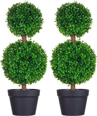 HOMCOM Lot de 2 Arbres buis Artificiel Double Boules avec Tronc et Pot Inclus - Hauteur 60 cm Vert