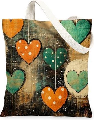 Generic Sacs fourre-tout vintage en toile artistique, motif coeurs color&eacute;s, sacs d&eacute;picerie r&eacute;utilisables, l&eacute;gers et lavables avec bandouli&egrave;re pour voyage, pla