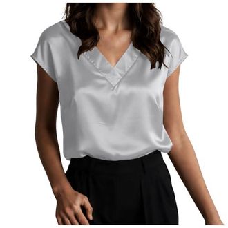 Generic Chemisier en satin &eacute;l&eacute;gant pour femme - Col en V - Manches courtes - Tunique d&eacute;t&eacute; - &Eacute;l&eacute;gant et ample - Manches courtes - D&eacute;contract&eacute; - Soyeux - Satin,