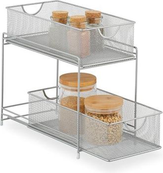 Relaxdays K&uuml;chen Organizer, 2 Ausziehk&ouml;rbe, Etagenregal aus Metall, H x B x T: 32 x 19 x 35,5 cm, Bad Organizer, silber