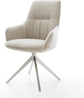 DELIFE Drehstuhl Zelia-Flex mit Armlehnen Webstoff Soft Beige Kreuzgestell breit Edelstahl 360&deg; drehbar Wippfunktion Taschenfederkern, Esszimmerst&uuml;hle