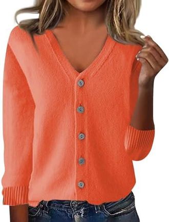 Generic Pull pelucheux pour femme, col en V boutonné à manches longues, chandails en tricot de couleur unie, pulls légers, cardigans, vestes dautomne et dhive