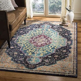 Safavieh Boho Teppich für Wohnzimmer, Esszimmer, Schlafzimmer - Monaco Collection, Kurzer Flor, Schwarz und blau, 201 X 279 cm