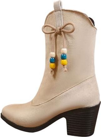 Generic Bottes de cowboy larges et d&eacute;contract&eacute;es pour femme - &Eacute;l&eacute;gantes - Couleur unie - Talon &eacute;pais - Noeud - Confortables - Pour lautomne et lhiver, beige, 