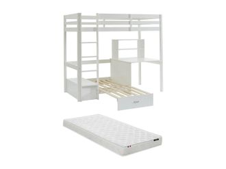 Vente-Unique Hochbett mit Schreibtisch, Schlafsofa & Stauraum + Matratze - 90 x 200 cm - massives Kiefernholz - Wei&szlig; - Goliath III