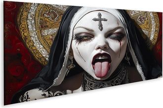 Islandburner Bild auf Leinwand Gothic Nonne mit ausgestreckter Zunge und Kreuz Bilder Wandbilder Poster