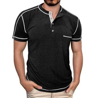 Generic T-shirt pour homme avec col rond, manches courtes et manches mi-longues, t-shirt tendance avec contrastes de couleur, Noir, 3XL