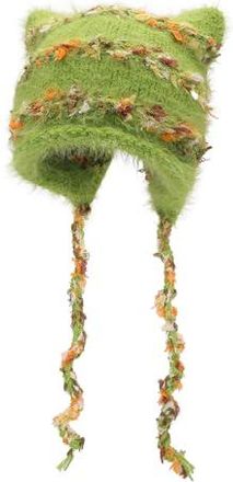 ZLYC Bonnet dhiver en Tricot avec Oreilles de Chat - pour Femme - Grunge, Pompon ray&eacute; Vert, Taille Unique