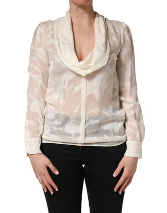 Dolce & Gabbana Womens Off White Floral Semi Sheer Silk Blouse Top