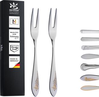 Gehring Gehring Solingen Flower Aufschnittgabel 2er Set dekorvergoldet I Serviergabel I Besteck aus Edelstahl 18/10 I Vorlegegabel I spülmaschinengeeignet I M