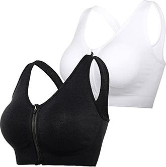 DODOING Soutien-gorge de sport à fermeture éclair sur le devant - Soutien-gorge de yoga - Soutien-gorge de sport rembourré dos nageur pour femme, Noir+Blanc, 