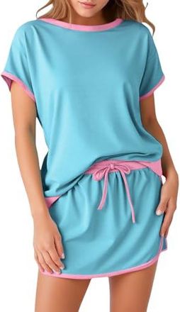 Generico Ensemble de t-shirts asym&eacute;triques &agrave; manches courtes pour femme avec &eacute;paules tombantes et shorts, ensemble d&eacute;contract&eacute; 2 pi&egrave;ces pour le quotidien, bleu