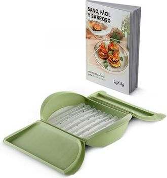 L&eacute;ku&eacute; Dampfgarer aus Platin-Silikon, gr&uuml;n, mit Tablett und Rezeptbuch auf Spanisch, 3-4 Personen, 1400 ml