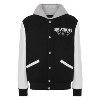Philipp Plein Homme, Vestes, Noir, Taille: 2XL Blouson aviateur Varsity &agrave; capuche avec manches en cuir Greatness