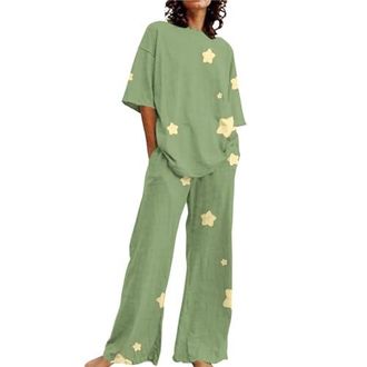 Generic Pyjama Combinaison Femme Vetement Femme Sexy Ete Ensemble 2 Pi&egrave;ces pour Femmes Col Rond Ample Manches Courtes Imprim&eacute; Chemise Haute avec Chemise De Nu