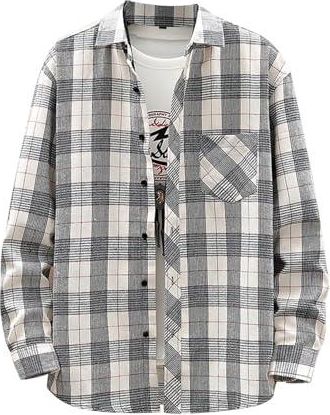 Generic Chemise &agrave; carreaux &agrave; manches longues d&eacute;contract&eacute;e boutonn&eacute;e pour homme - T-shirt l&eacute;ger et respirant pour printemps et automne, blanc, XXL